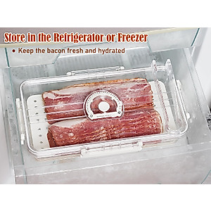 Bacon Storage Container with Air-sealed Tight Lid for Fridge Bacon Holder Deli Meat Cheese Keeper with Food Serving Tongs and Drain Plate for Refrigerator
