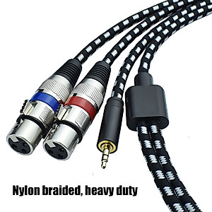 Mugteeve 3.5 mm to Dual XLR Female Y Splitter Cable, Stereo 1/8" Mini TRS to Dual Female XLR Breakout Mic Cord Adapater, Nylon Braided, OFC Shield, for Recording, Livestream, Broadcast - 10 Feet