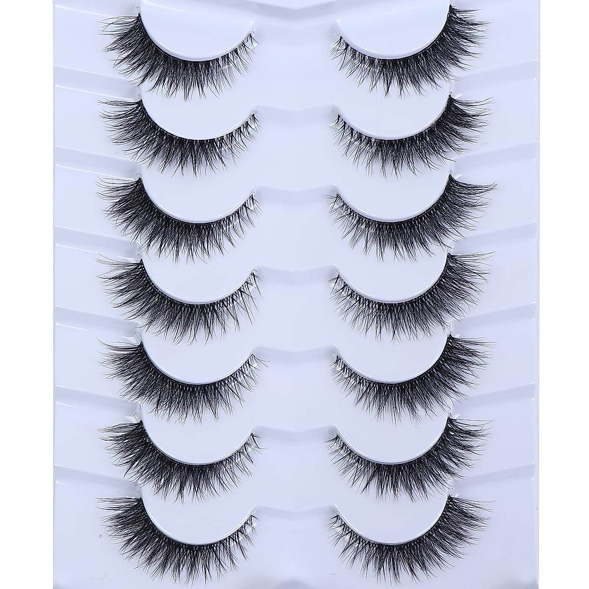 Wleec Beauty 12mm Cat Eye Eyeashes Clear Band 7 Pairs 3D Natural Wispy Lashes Fluffy Handmade Short Dramatic False Eyelash Pack CC67