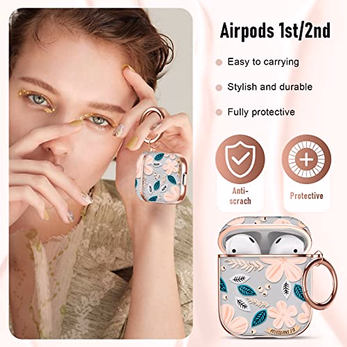 Youskin Airpod 1st&2nd Generation Case Flower Cute,AirPod 1&2 Case, Rose Golden Plating Airpods 2&1 Case for Men Women with Keychain，Shockproof Protective Case for AirPod 2 & 1,Blue Pink Flower