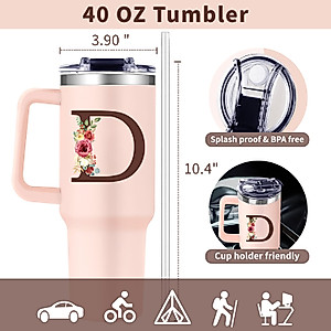 Monogrammed 40oz Tumbler with Handle for Women, Personalized Birthday Gifts for Women,Initial Cups for Woman Floral Letter D,Customized Gifts for Female Lady Gift for Mothers Day Christmas