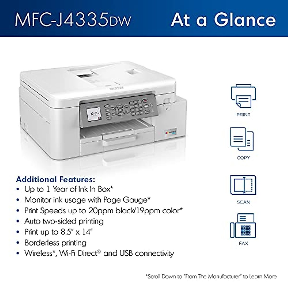 Brother MFC-J4335DW INKvestment Tank All-in-One Printer with Duplex and Wireless Printing Plus Up to 1-Year of Ink in-Box (Renewed)