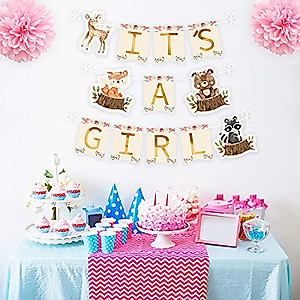 Woodland Animal Creatures ITS A GIRL Banner for Baby Shower Decoration Deer, Fox, Raccoon and Bear / Wild One, Boho Themed Party Supplies