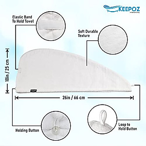 KEEPOZ Hair Towel Wrap Quick Dry 100% Cotton Super Absorbent Turban Head Wrap for Women with Button, Non Microfiber Anti Frizz Hair Products, Hair Cap for Curly, Long & Thick Hair (1Pc)(White)