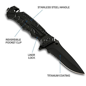 AHOBOLO Tactical Folding Pocket Knife, Small EDC Knife with Pocket Clip for Men Women, Folding Pocket Knife with Liner Lock,Glass Breaker,Seatbelt Cutter (Black)