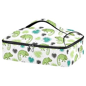 Kcldeci Insulated Thermal Food Carrier Insulated Casserole Carrier for Hot or Cold Food,Tropical Chameleons and Palm Leaves Insulated Tote Bag for Potluck Cookouts Parties Picnic,Lasagna Lugger