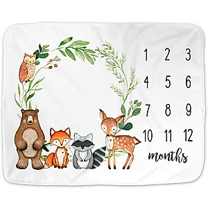 Woodland Baby Monthly Milestone Blanket, Woodland Animals Baby Growth Chart Monthly Blanket, Woodland Forest Nursery Decor, Includes Marker (50@)