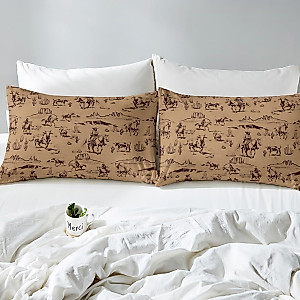 Kids Wild West Cowboy Bedding Set Full Size Western Decor Duvet Cover for Boys Girls Teens Bedroom Decor Rodeo Cowboy Style Comforter Cover Set Brown Bedspread Cover with 2 Pillow Case