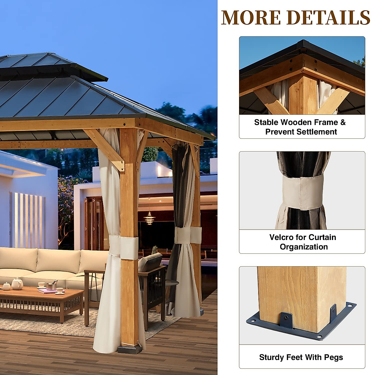 RICHRYCE 11' x 13' Solid Wood Gazebo, Hardtop Gazebo Plastic Sprayed Metal Roof Outdoor Gazebo Canopy Double Vented Roof Pergolas Wood Frame with Netting and Curtains for Garden, Patio, Lawns, Parties