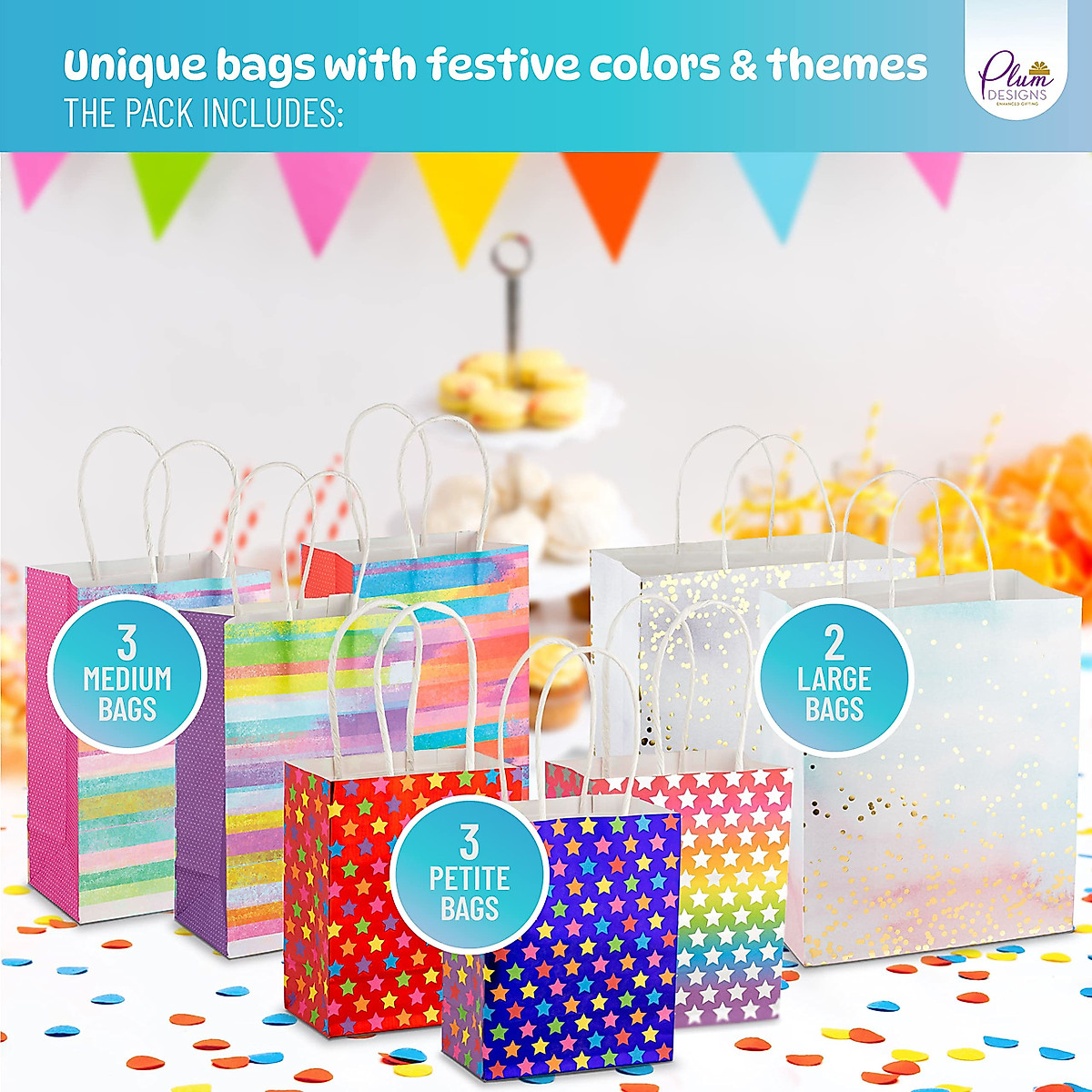 Plum Designs Gift Bags Assorted Sizes, Set of 8 Gift Bags with Tissue Paper- Includes Small Gift Bags, Medium Gift Bags and Large Size Paper Gift Bags with Handles for Holiday and Birthday Gifts