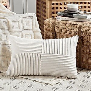 Fancy Homi 2 Packs Cream White Lumbar Decorative Throw Pillow Covers 12x20 Inch for Couch Bed Sofa, Rustic Farmhouse Boho Home Decor, Soft Striped Corduroy Rectangle Accent Cushion Case 30x50 cm