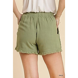 Umgee Linen Blend Crochet Elastic Waistband Shorts Sage