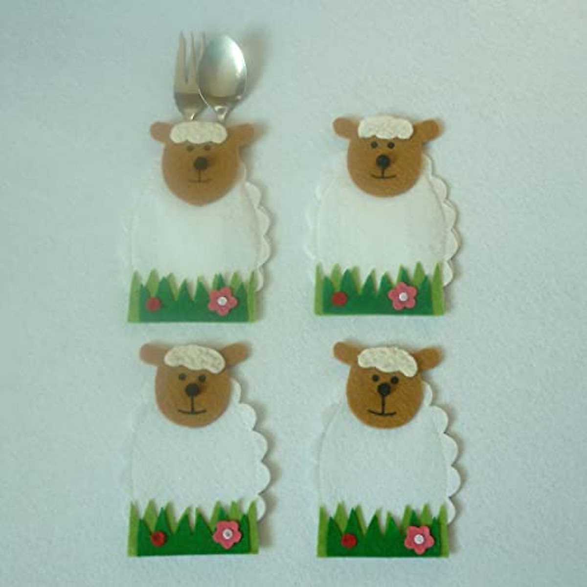 shamjina 4X Easter Sheep Cutlery Holder Bags Spoon Silverware Bags Table Decor