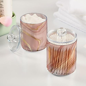 Moudou Pink Marble Qtip Holder Dispenser 4 Pack, 15 oz Clear Plastic Apothecary Jar Set for Bathroom Canister Cosmetics Storage Organizer for Cotton Ball, Cotton Swab, Floss Picks
