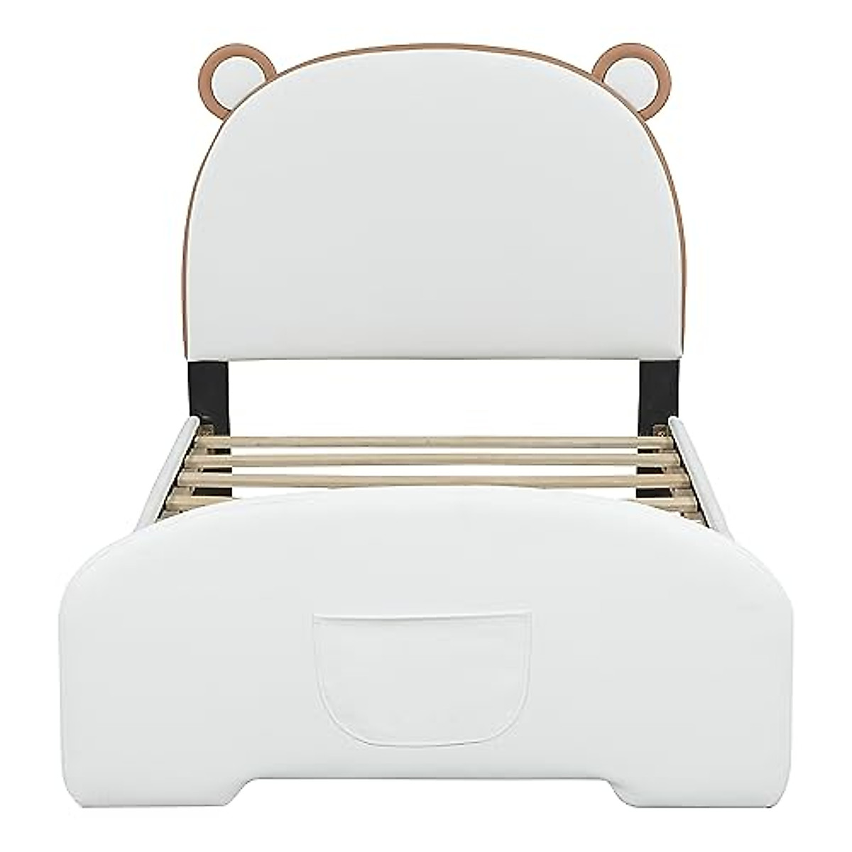 CJLMN Upholstered Cartoon Bed Bear Shaped Platform Bed, Twin Size Platform Wood Bed Frame with Bear Ears Headboard and Pocket on The Footboard, Kids Bedroom Furniture Fun Cute Bear Bed (White Bed)