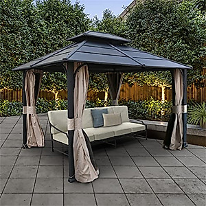 ADUH 12 Ft. W X 14 Ft. D Metal Black 2-Tier Double Roof Patio Gazebo with Curtains and Netting (Color : D, Size : 12 Ft. W X 14 Ft)