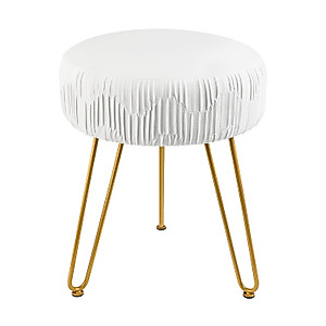 TOUCH-RICH Stripe Velvet Vanity Chair Round Ottoman,Upholstered Vanity Makeup Footstool Side Table Dressing Chair with Golden Metal Legs (White, Round-Normal)