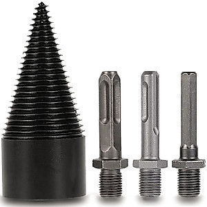 KEWAYO 4pcs Removable Splitting Wood Cone Drill Bit, Wood Splitter Drill Set for Heavy Duty Drill Split Wood Tool and Hand Drill Stick-hex+Square+Round