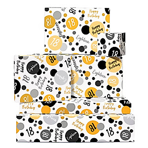 CENTRAL 23 Girls Wrapping Paper - 6 Sheets of Gift Wrap - 18th Birthday Wrapping Paper for Men Women - Black Gold - Dots - Age 18 - For Friends - Comes with Fun Stickers