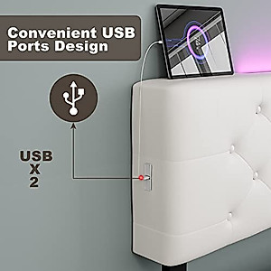 IKIFLY Modern Full Size LED Bed Frame with 2 USB Ports, Upholstered Button Tufted Faux Leather Platform Bed with Adjustable Headboard, Solid Wood Slats, No Box Spring Needed - White/Full