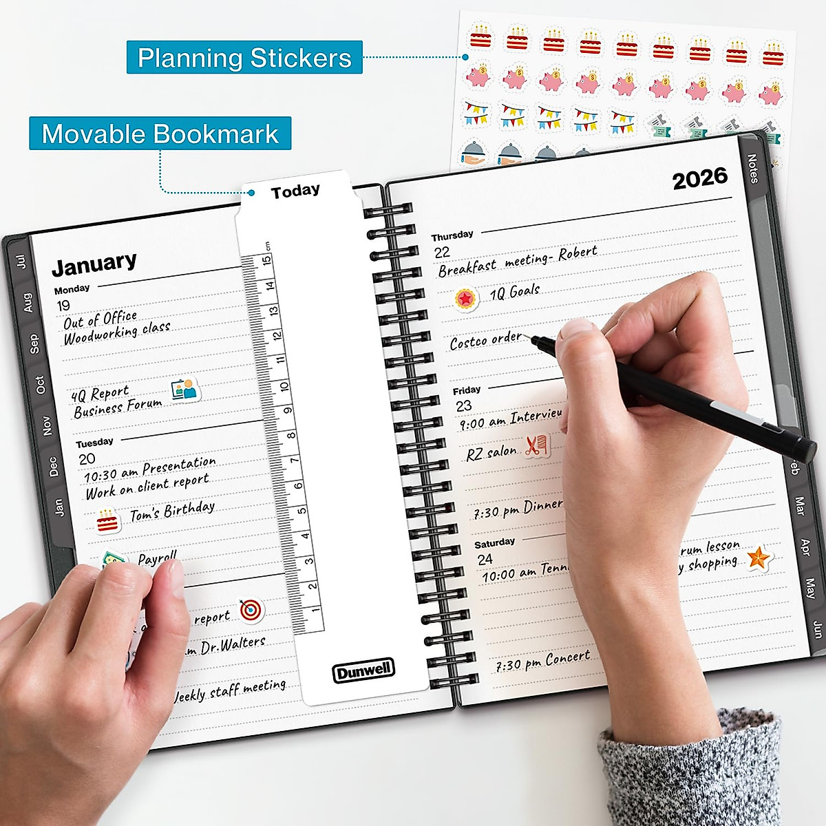 Dunwell 2023 Planner Weekly Monthly (6x8.25"), Small 2023 Planner Book, Agenda 8 x 6, Calendar Yearly Planner, Monthly Tabs, Bookmark, Notes, Inner Pocket, Stickers