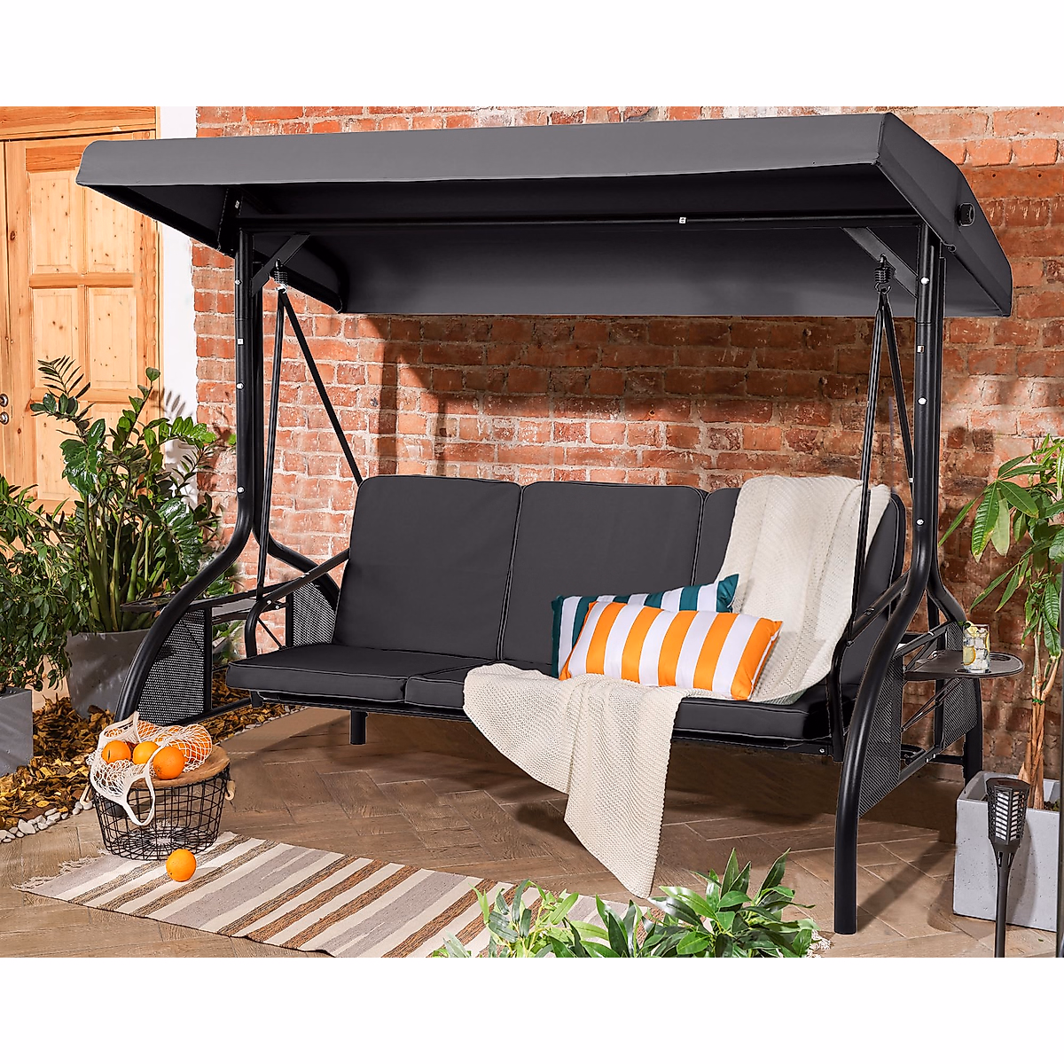 Grepatio Outdoor Porch Swing with Canopy, 3 Person Patio Porch Swing Chairs with Stand, Porch Bed Swing with Removable Cushion and Cup Holder for Patio, Garden, Poolside (Gray)