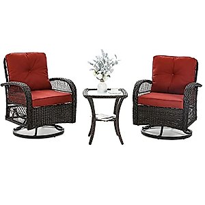 VONZOY 3 Pieces Patio Furniture Set, Outdoor Swivel Glider Rocker, Wicker Patio Bistro Set with Rocking Chair, Thickened Cushions and Table for Porch (Red)