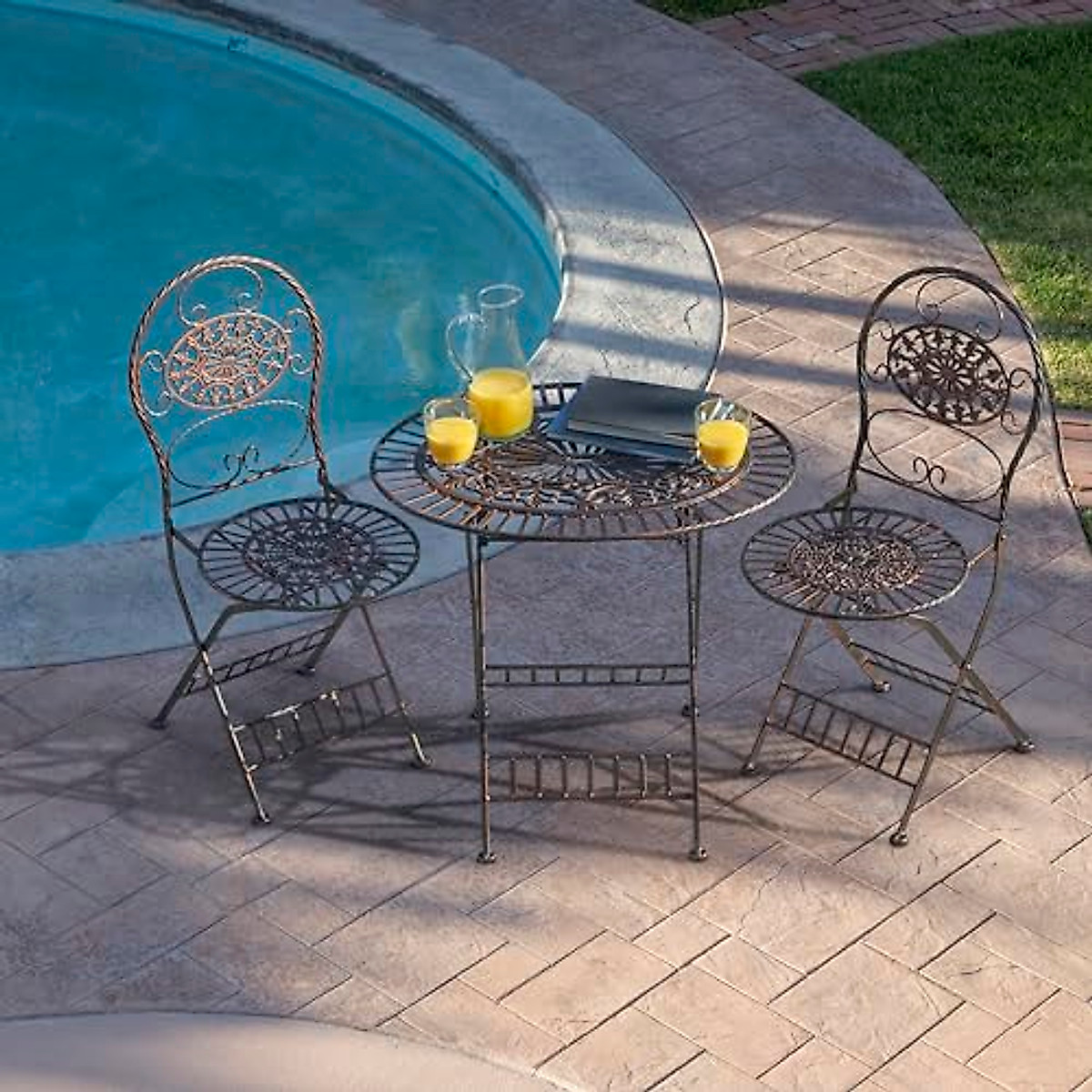 Alpine Corporation Indoor/Outdoor 3-Piece Oval Bistro Set Folding Table and Chairs Patio Seating, Bronze