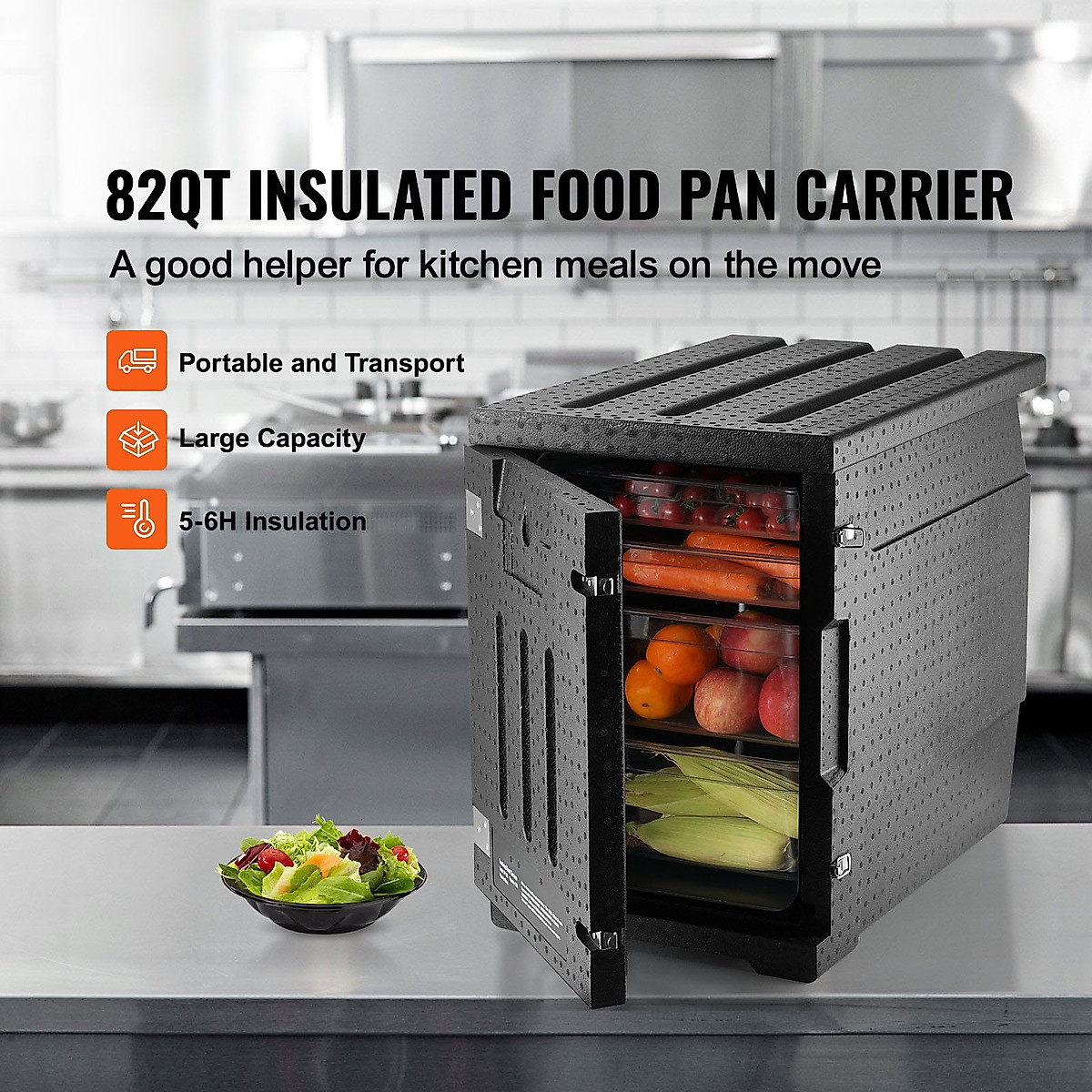 FunWigA Insulated Food Pan Carrier 82 Qt Hot Box for Catering LLDPE Food Box Carrier with Double Buckles Front Loading Food Warmer for Restaurant Canteen, 46.0*46.0*62.0, Black, 101XBV003370