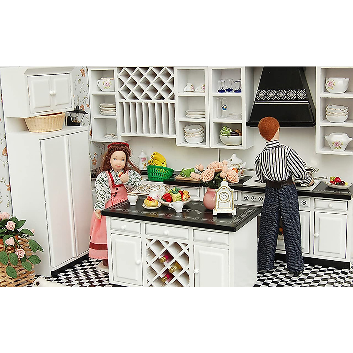 1:12 Scale Mini House Wooden Furniture Miniature Kitchen Cabinet Mini Bar Counter Furniture Set (White and Black)