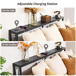 ELYKEN 5.9" Narrow Console Sofa Table with Power Outlets, 5.9" Dx63 Wx31.5 H Long Skinny Behind Couch Table with “X” Cross Metal Frame and Charge Station with 6.5’ Extension Cord, Black