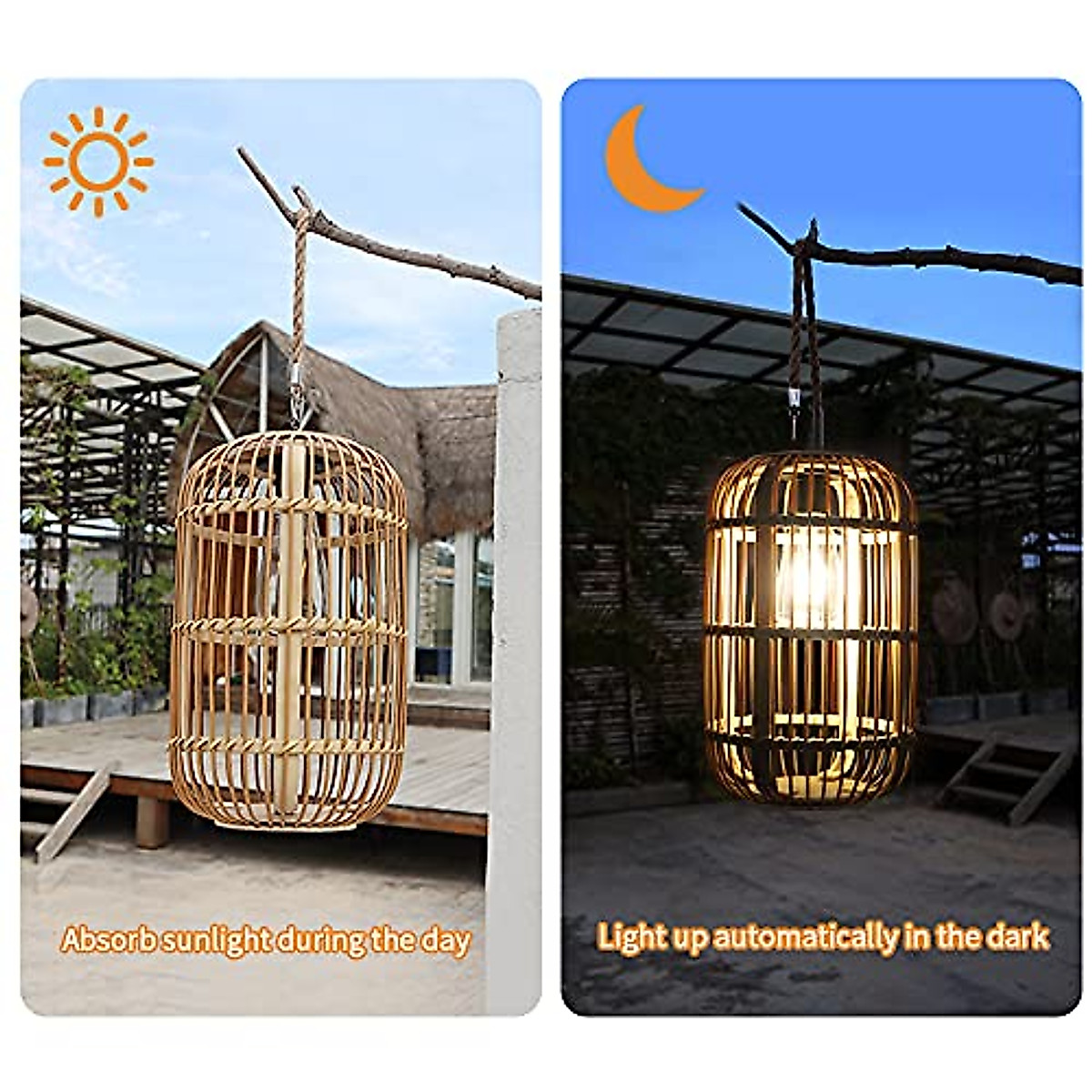 Livinlarge Solar Lantern Outdoor Waterproof, Large Rattan Solar Lantern Outdoor Hanging with Handle, Natural Bamboo Solar Outdoor Lights with Edison Bulb for Garden Patio Yard Tabletop Decoration