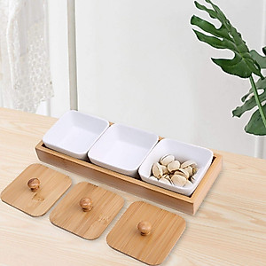 Ceramic Snack Serving Tray Compartment Serving Platter with Bamboo Lid and Pallets Removable Container Food Storage for Appetizer Condiments Nuts(3 Grid)