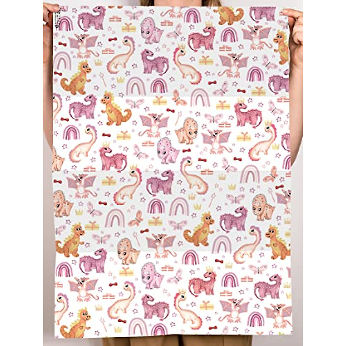 CENTRAL 23 Girls Birthday Wrapping Paper - Dinosaur Rainbow - 6 Gift Wrap Sheets - Pink Wrapping Paper for Kids - Comes With Sticker