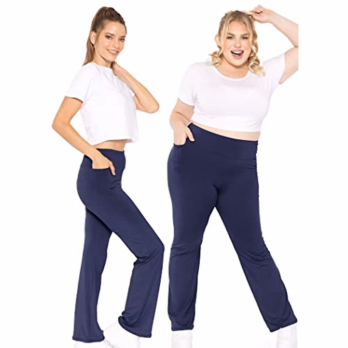 STRETCH IS COMFORT Women's DTY High Waist Bootcut Yoga Pants with Pockets Navy Blue Small