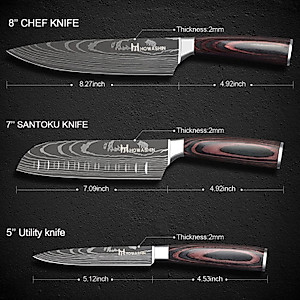 Howashin 3Pcs Knife Set Professional Kitchen Knife Set Stainless Steel Janpanene Chef Knife Ergonomic Colour Wood Handle With Finger Guard and Christmas Gift Box
