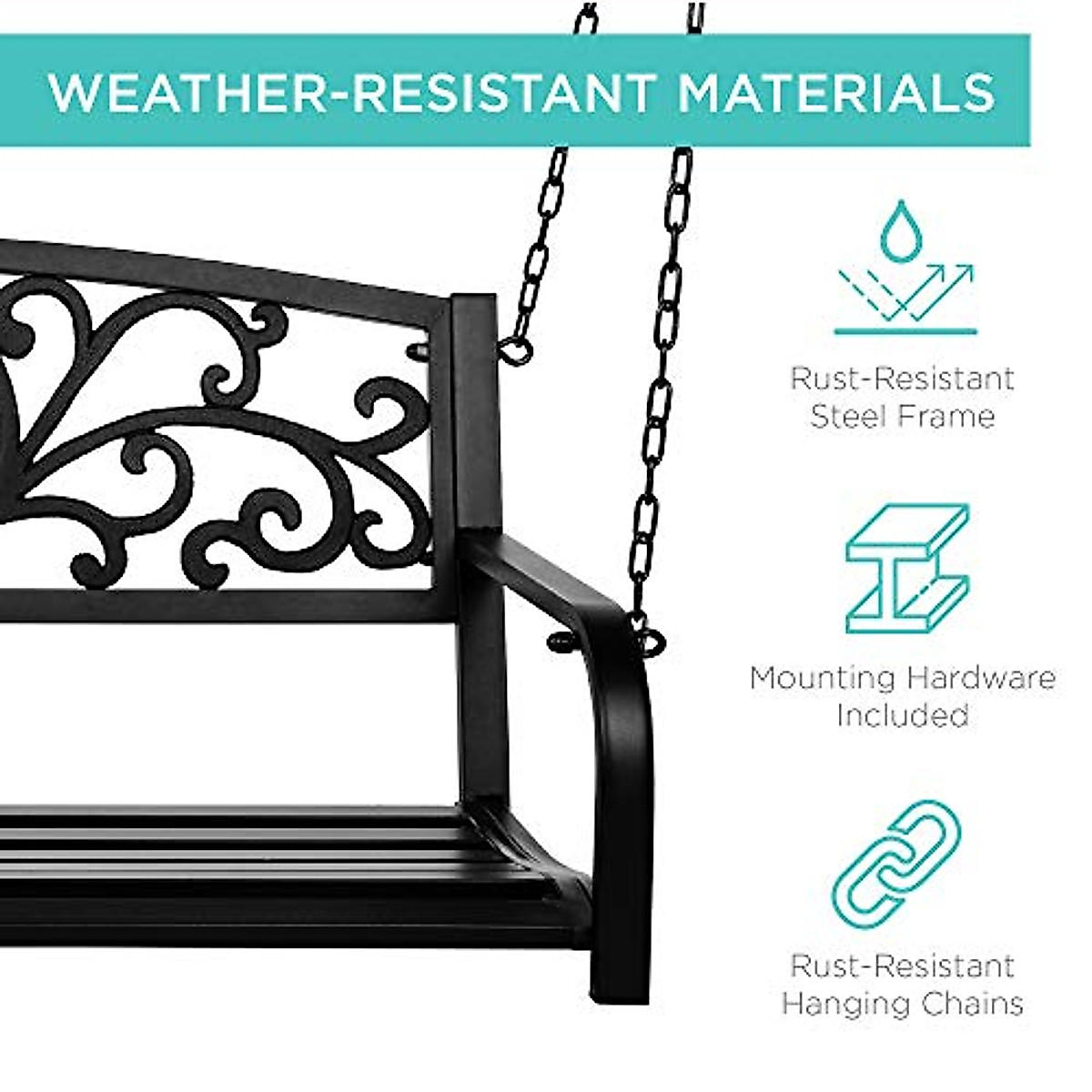 Best Choice Products 2-Person Metal Outdoor Porch Swing, Hanging Steel Patio Bench for Garden Deck w/Floral Accent, 485lb Weight Capacity - Black