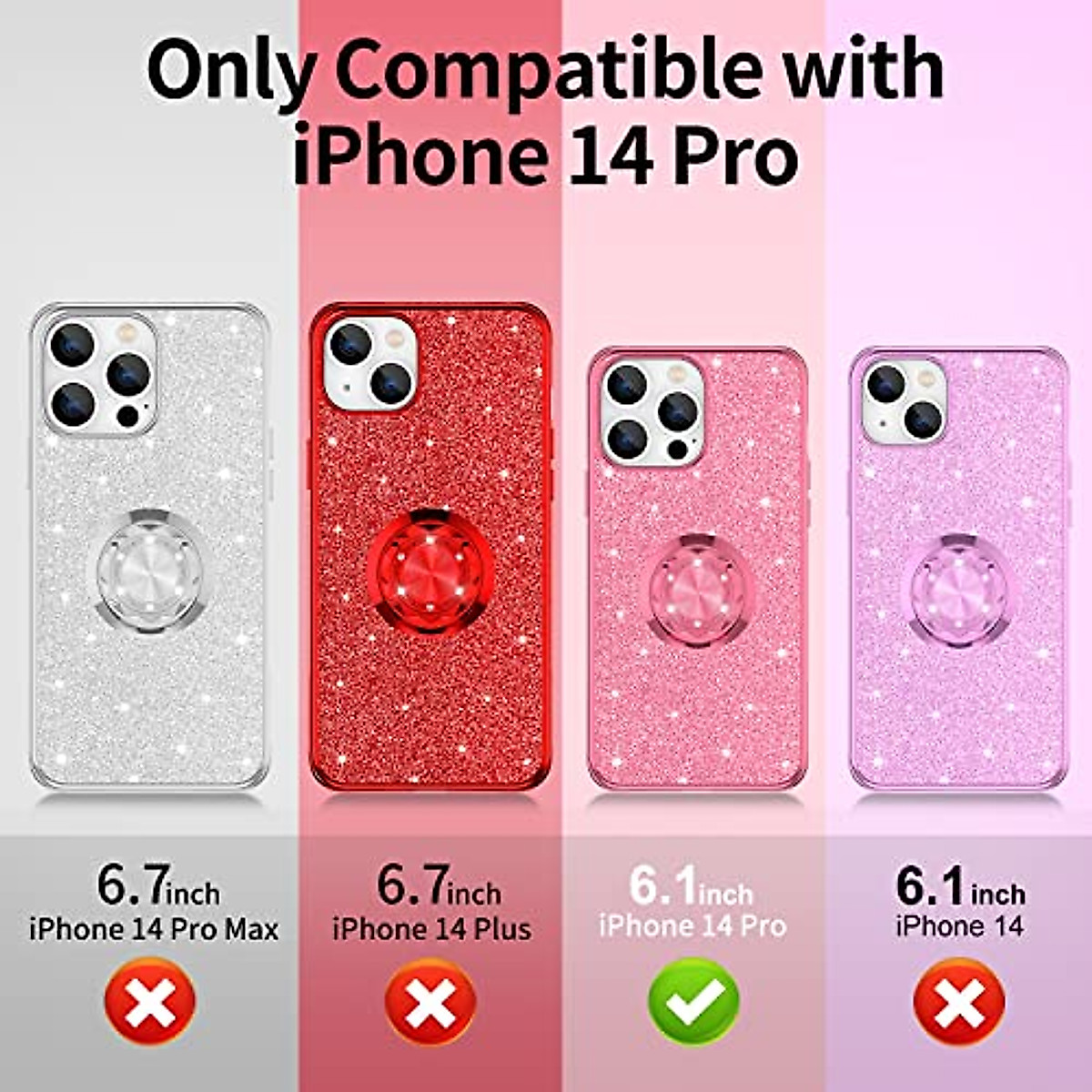OCYCLONE Compatible with iPhone 14 Pro Case 6.1 inch, Glitter Sparkle Diamond Case with Ring Stand Protective Phone Case Compatible for iPhone 14 Pro Case for Women Girls - Pink