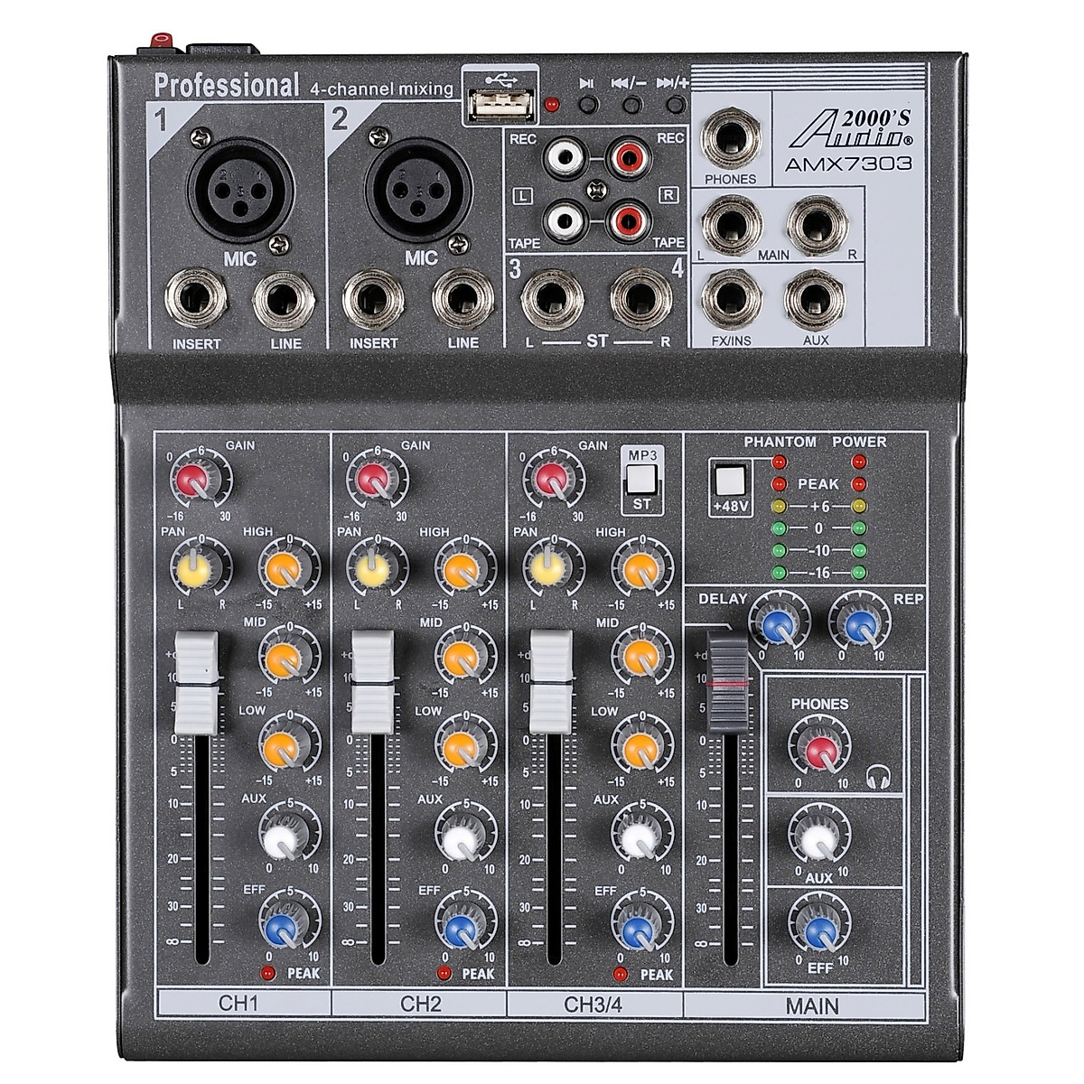 Audio2000'S AMX7303- Professional Four-Channel Audio Mixer with USB and DSP Processor