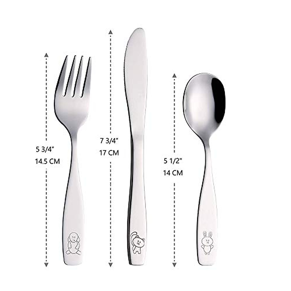 ANNOVA Children's Flatware 6 Pieces Set - Stainless Steel Cutlery/Silverware 2 x Safe Forks, 2 x Dinner Knife, 2 x Dinner Spoon - Safe Kids Toddler Utensils Lunch Box (Engraved Dog Cat Bunny)