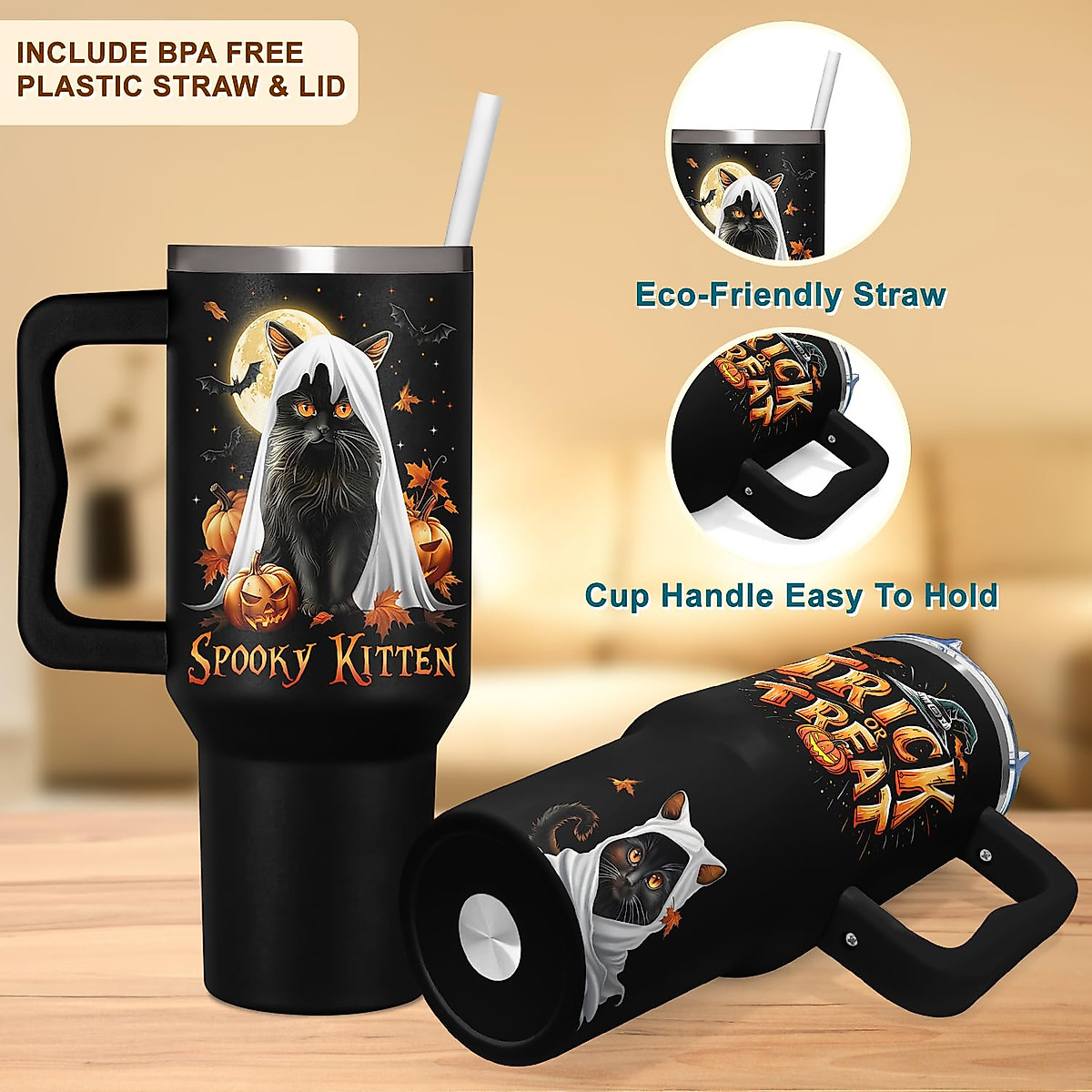 Black Cat Gifts - Gifts For Cat Lovers, Cat Mom - Cat Spooky For Halloween - Halloween Cup - Black Cat Tumbler 40oz With Handle