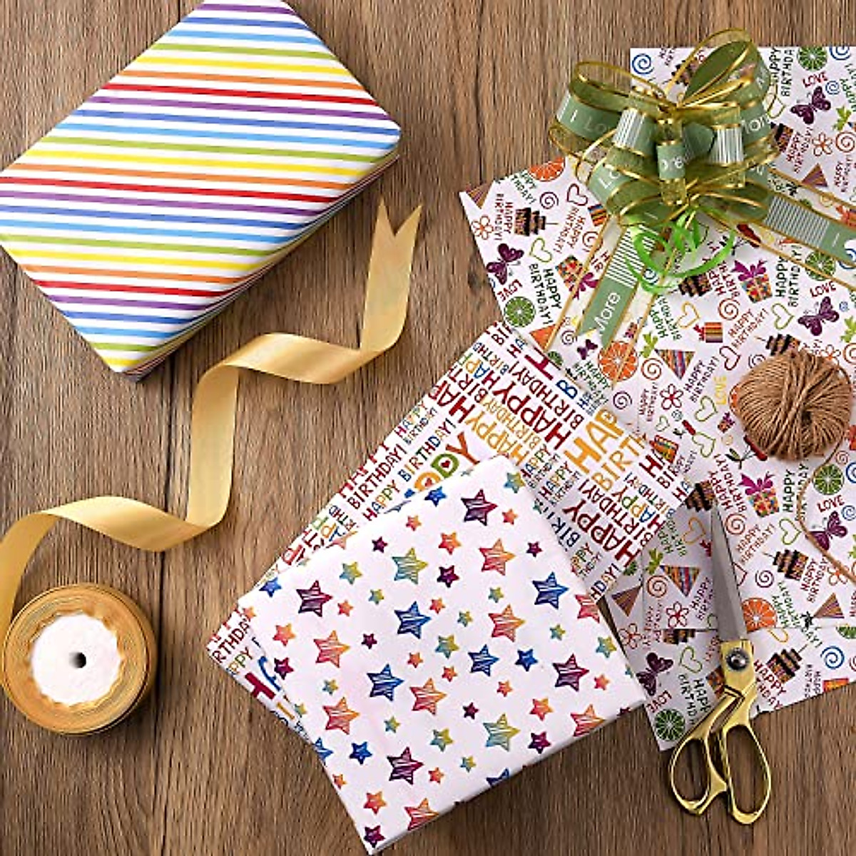 PlandRichW Birthday Wrapping Paper 12 Sheets Folded Flat for Kids, Boys, Girls, Adults. Gift Wrapping Paper Includes Happy Birthday, Star, Rainbow, Cake 4 Colorful Designs for Baby Shower, Holiday, Party 20 X 29 Inch