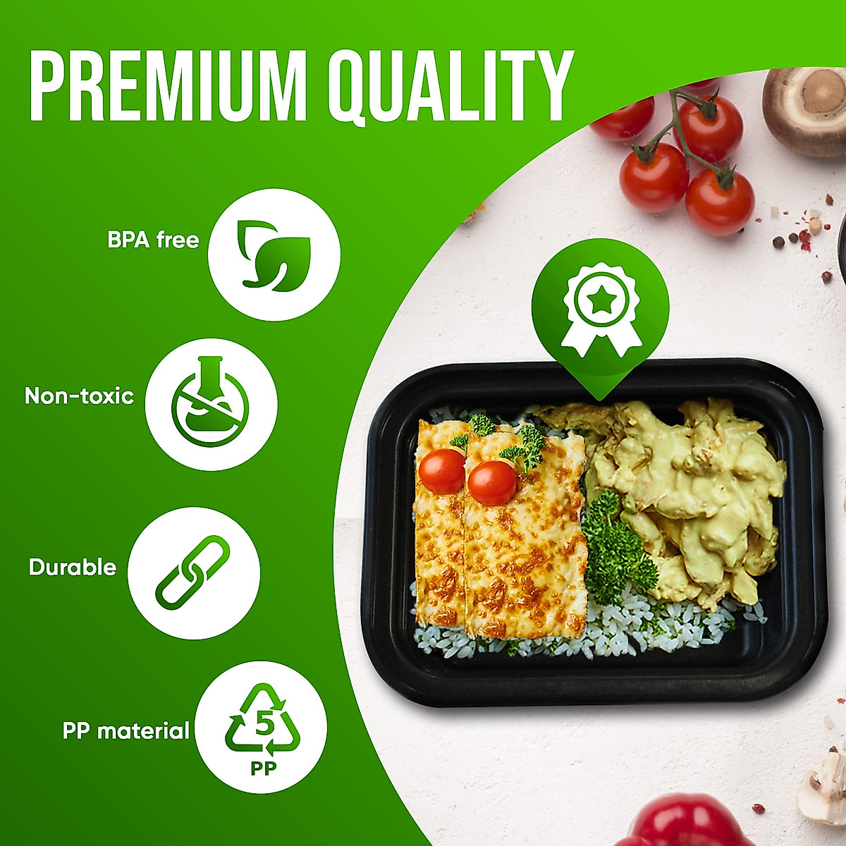 Fonteme Single Compartment Meal Prep 50 Pack - 12oz Container with Airtight Lid – Freezer, Microwave & Dishwasher Safe – Stackable – BPA Free – Meal Prep Storage Container (Black)