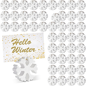 50 Pcs Christmas Snowflake Wooden Place Card Holders Farmhouse Ornament Winter Table Number Rustic Name Card Picture Holders Wood Table Sign Stands for Xmas Holiday Party Wedding Party Supplies