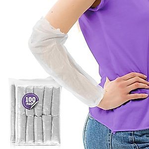 AMZ White Disposable Arm Sleeves, 18 Inches. 100 Pack Disposable Sleeve Protectors for Arms. 1.5 Mil PE Waterproof Sleeve for Arm. Unisex Disposable Protective Sleeves for Arms