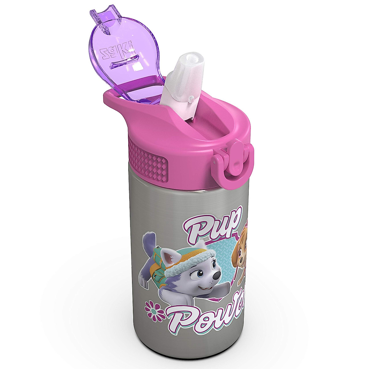 Zak Designs Paw Patrol Skye - Stainless Steel Water Bottle with One Hand Operation Action Lid and Built-in Carrying Loop, Straw Spout is Perfect for Kids (15.5 oz, BPA-Free)