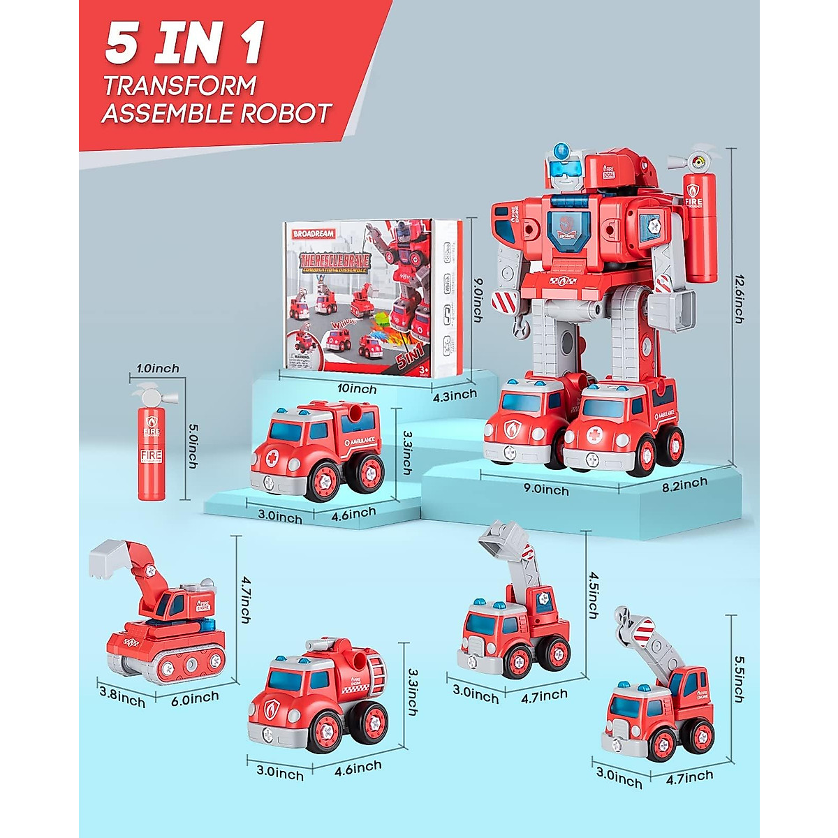 BROADREAM Toys for 3 4 5 6 7 8 Years Old Boys, Take Apart Robot Construction Vehicles Transform Robot Toys Cars for Kids, Birthday Trucks Gifts Toys for Toddlers, 5 in 1