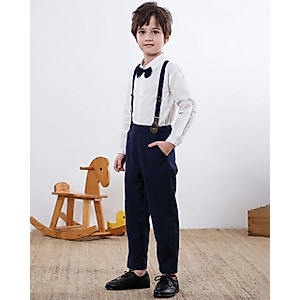 SANGTREE Baby Boys Dress Clothes, Toddlers Boys Long Sleeves Button Down Dress Shirt with Bowtie + Suspender Pants Set Gentlemen Outfit, 1# White, 18-24 Months
