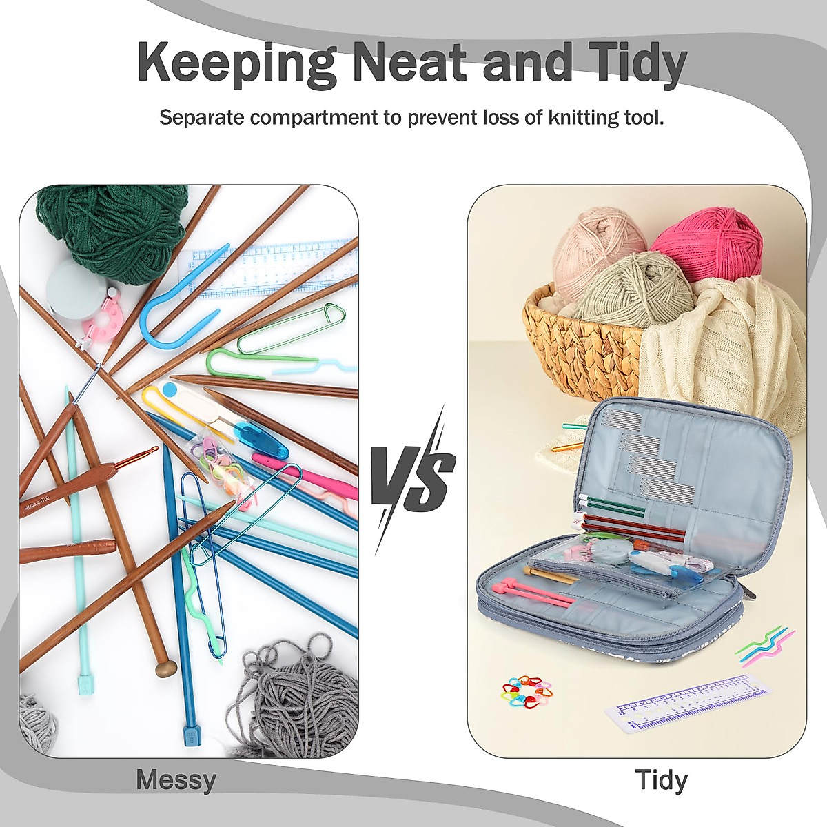 Katech Empty Knitting Needles Case Portable Travel Crochet Hooks Case Zipper Storage Bag Organizer with Transparent Pocket and Holder Slots for Carrying Knitting Needles and Crochet Accessories (Grey)