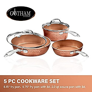 Gotham Steel Premium Hammered Cookware – 5 Piece Ceramic Cookware, Pots and Pan Set with Triple Coated Nonstick Copper Surface & Aluminum Composition for Even Heating, Oven, Stovetop & Dishwasher Safe